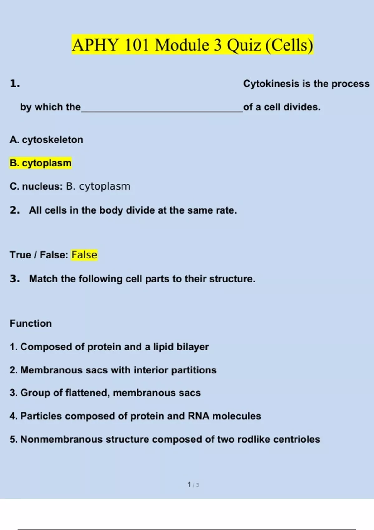 IVY TECH APHY 101 Module 3 Quiz (Cells) COMPLETE 2024 - IVY TECH APHY ...