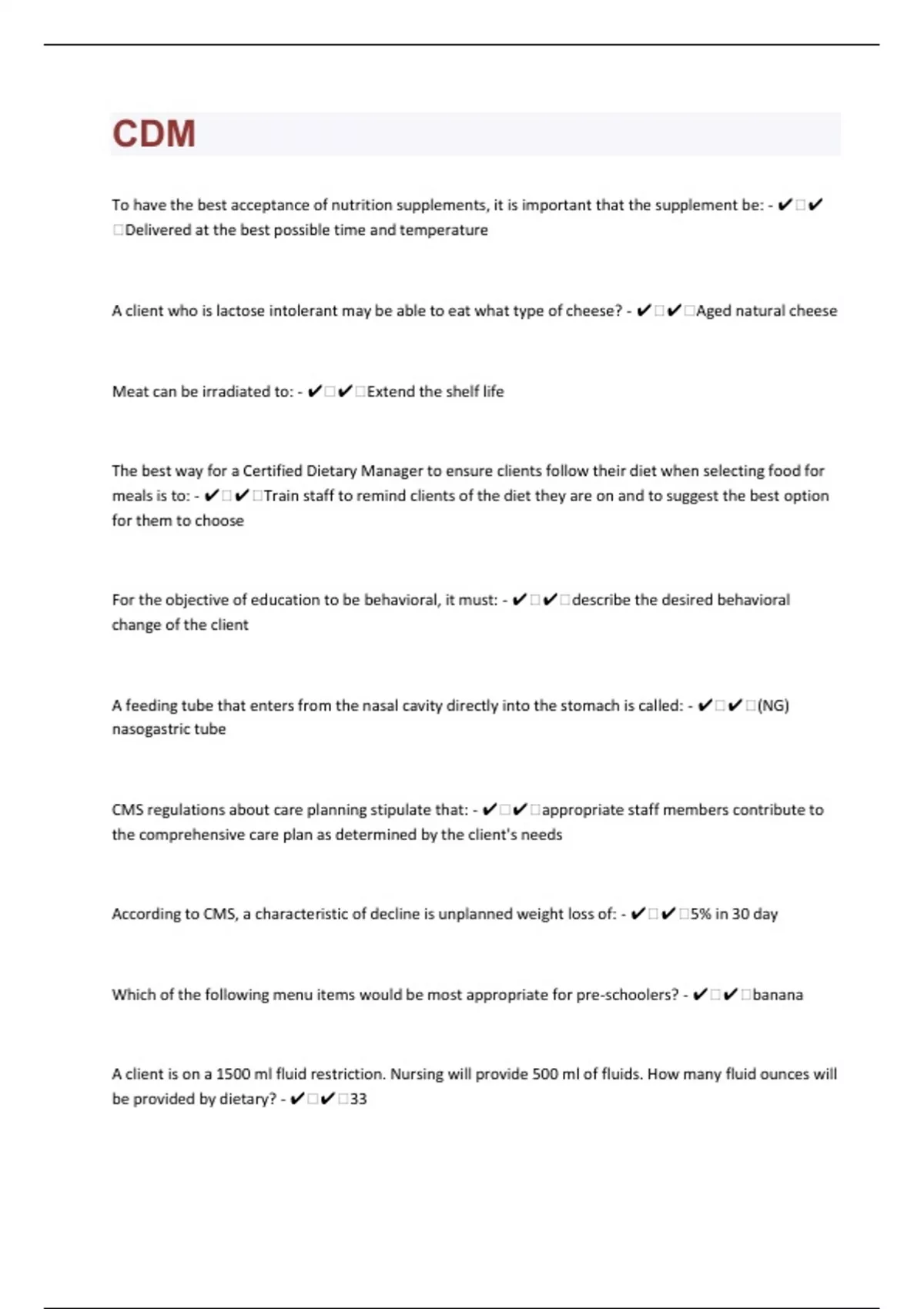 CDM 83 Questions with 100% Correct Answers | Verified | Updated 2024 - Certified Dietary Manager ...