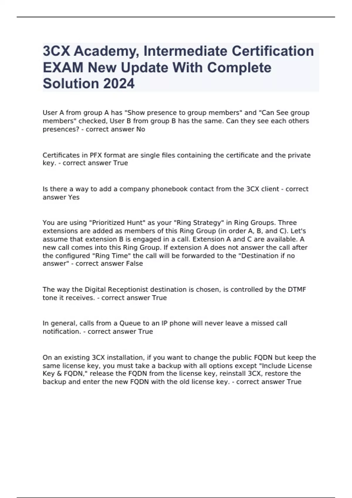 3CX Academy, Intermediate Certification EXAM New Update With Complete ...