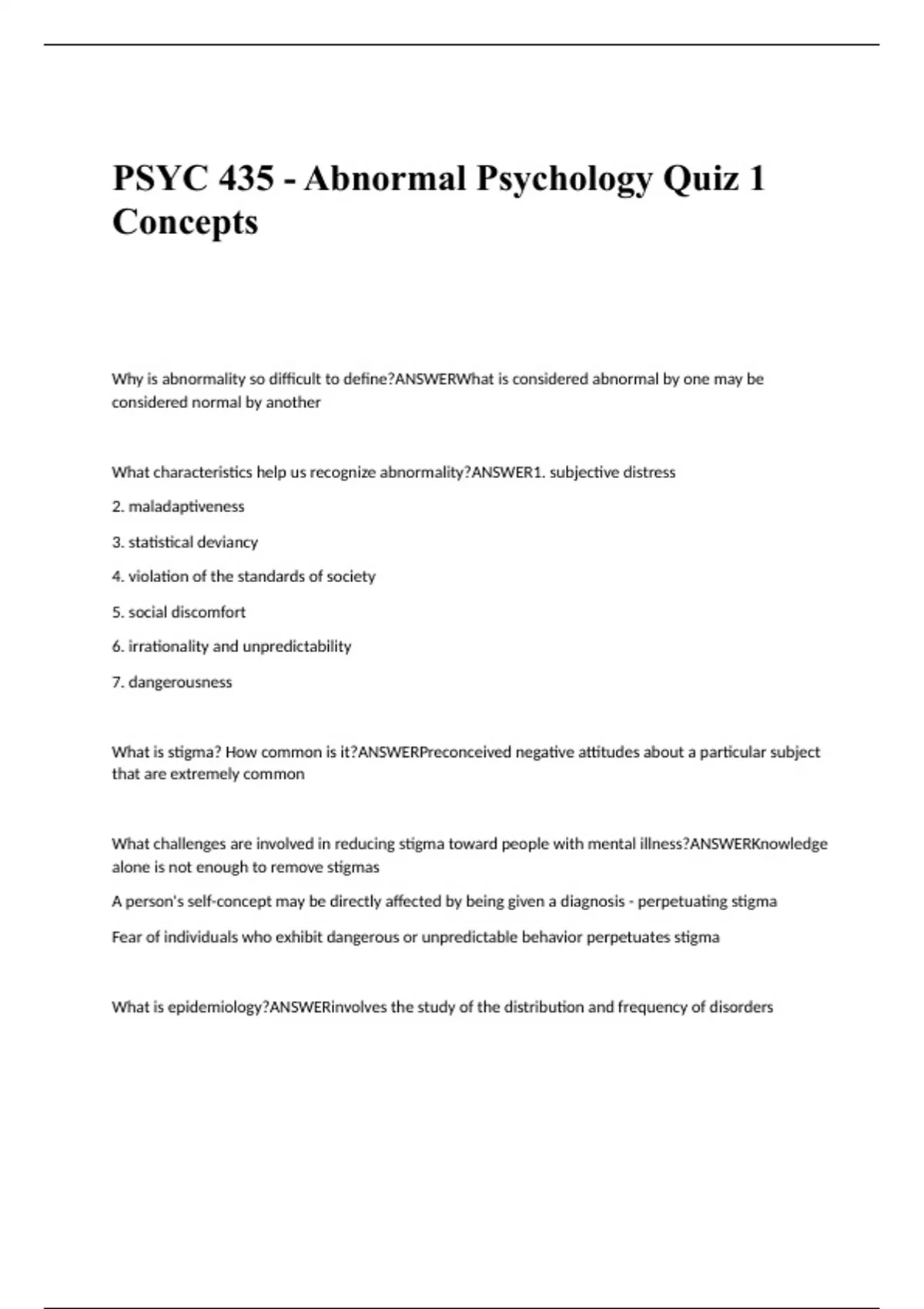 PSYC 435 - Abnormal Psychology Quiz 1 Concepts questions and answers ...
