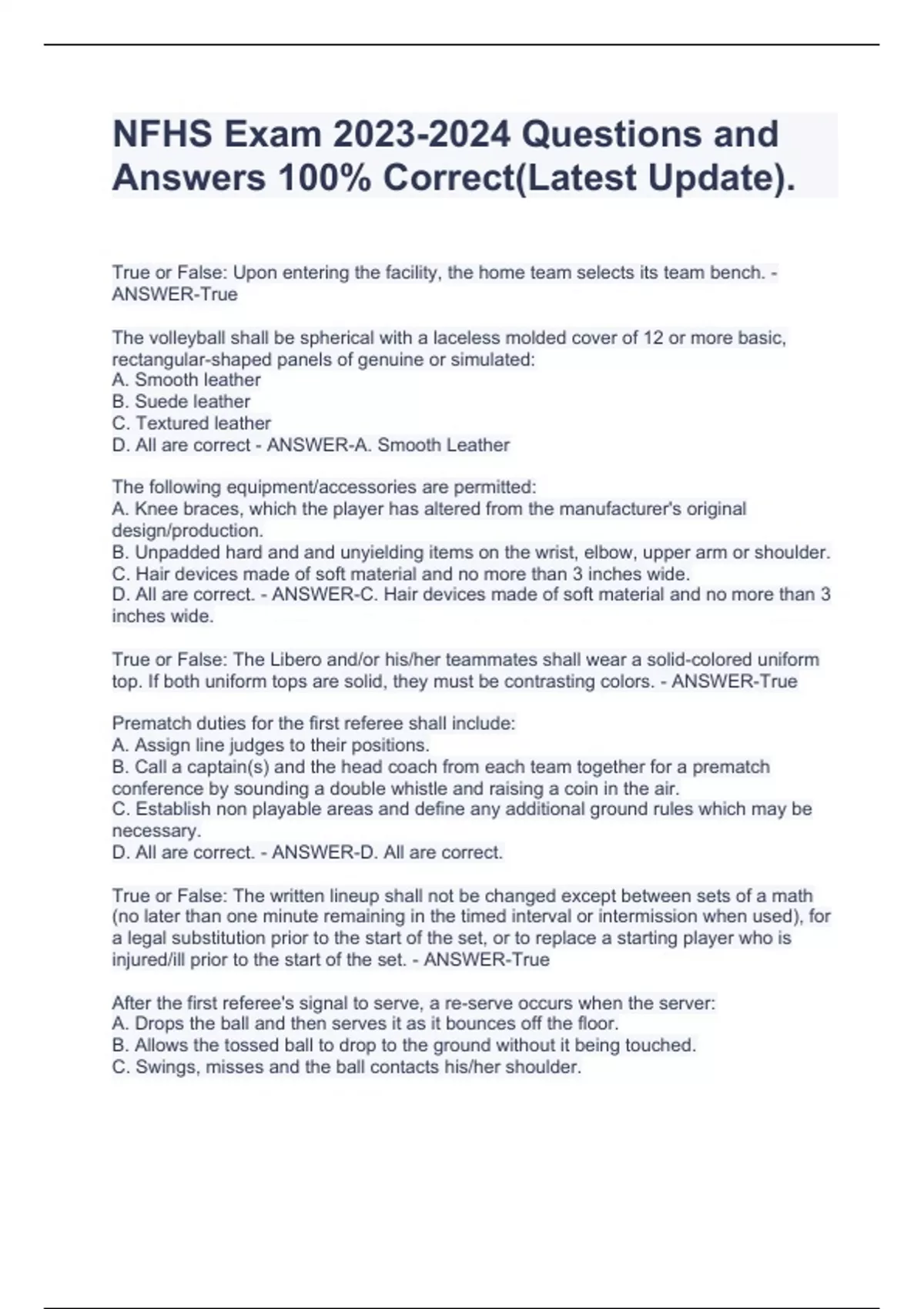 NFHS Exam Questions and Answers 100% Correct(Latest Update). - NFHS ...