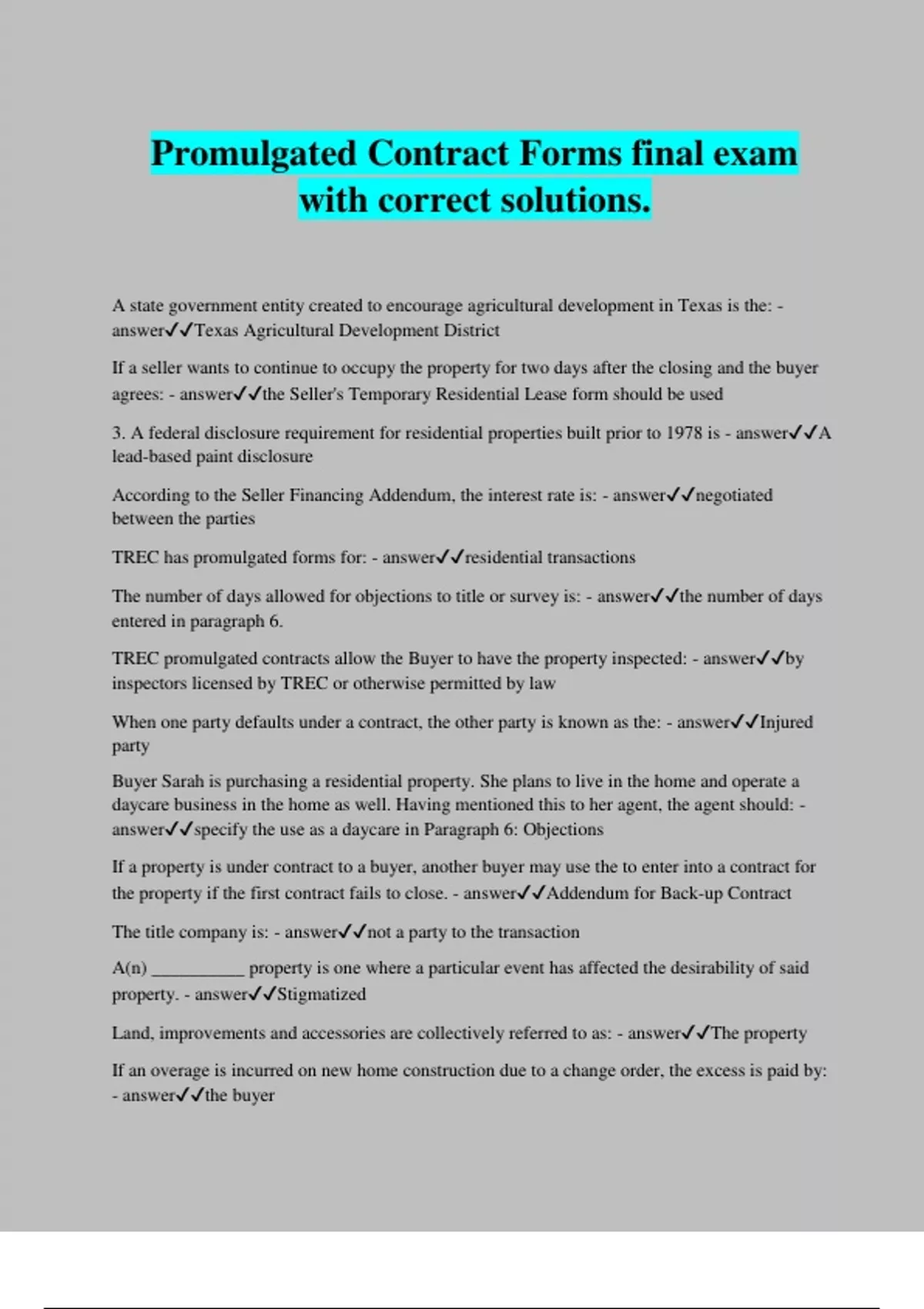 Promulgated Contract Forms final exam with correct solutions ...