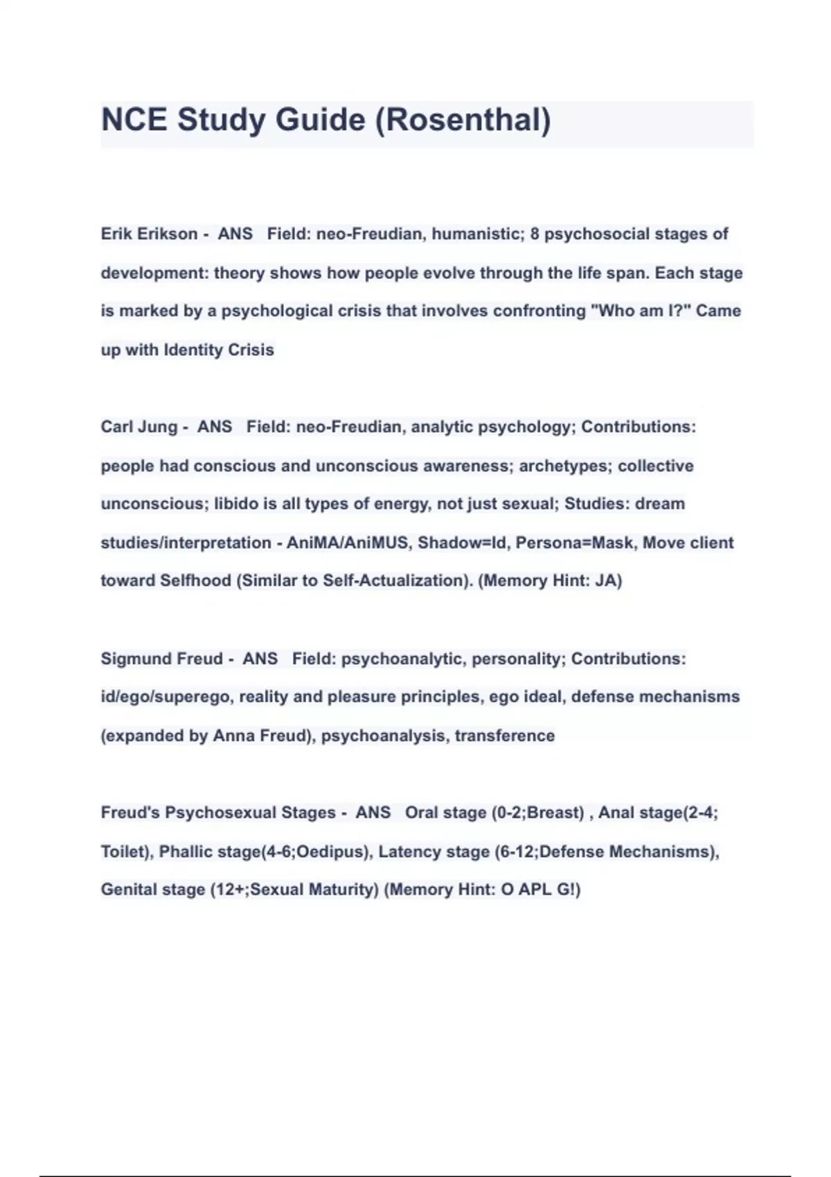 NCE Study Guide (Rosenthal) QUESTIONS & ANSWERS 2024( A+ GRADED 100% ...