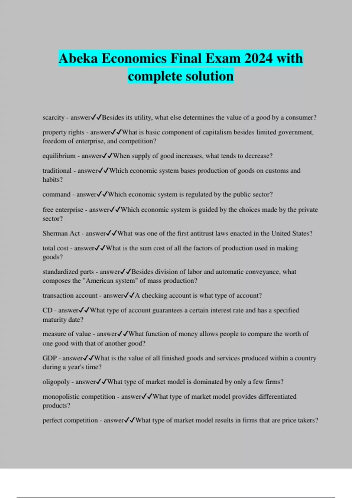 Abeka Economics Final Exam 2024 with complete solution - Abeka - Stuvia US