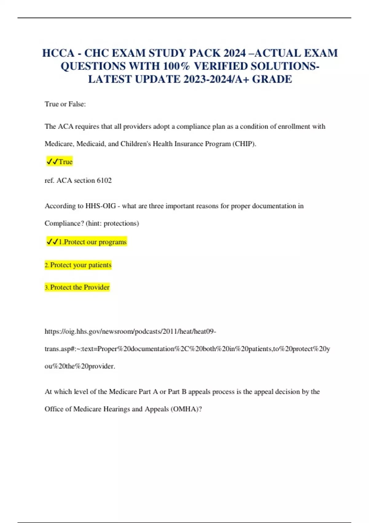 HCCA - CHC EXAM STUDY PACK 2024 –ACTUAL EXAM QUESTIONS WITH 100% ...