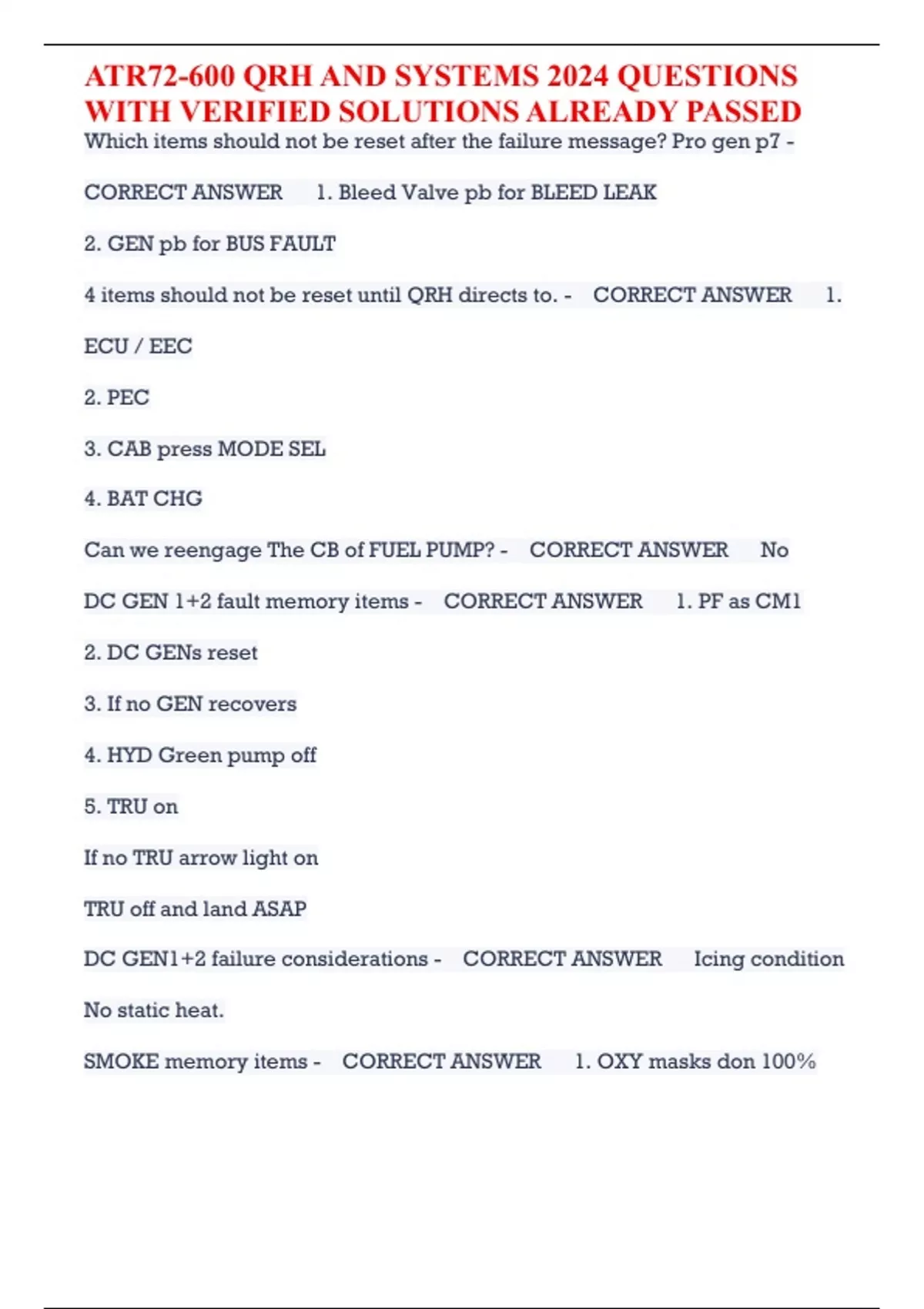 ATR72-600 QRH AND SYSTEMS 2024 QUESTIONS WITH VERIFIED SOLUTIONS ...