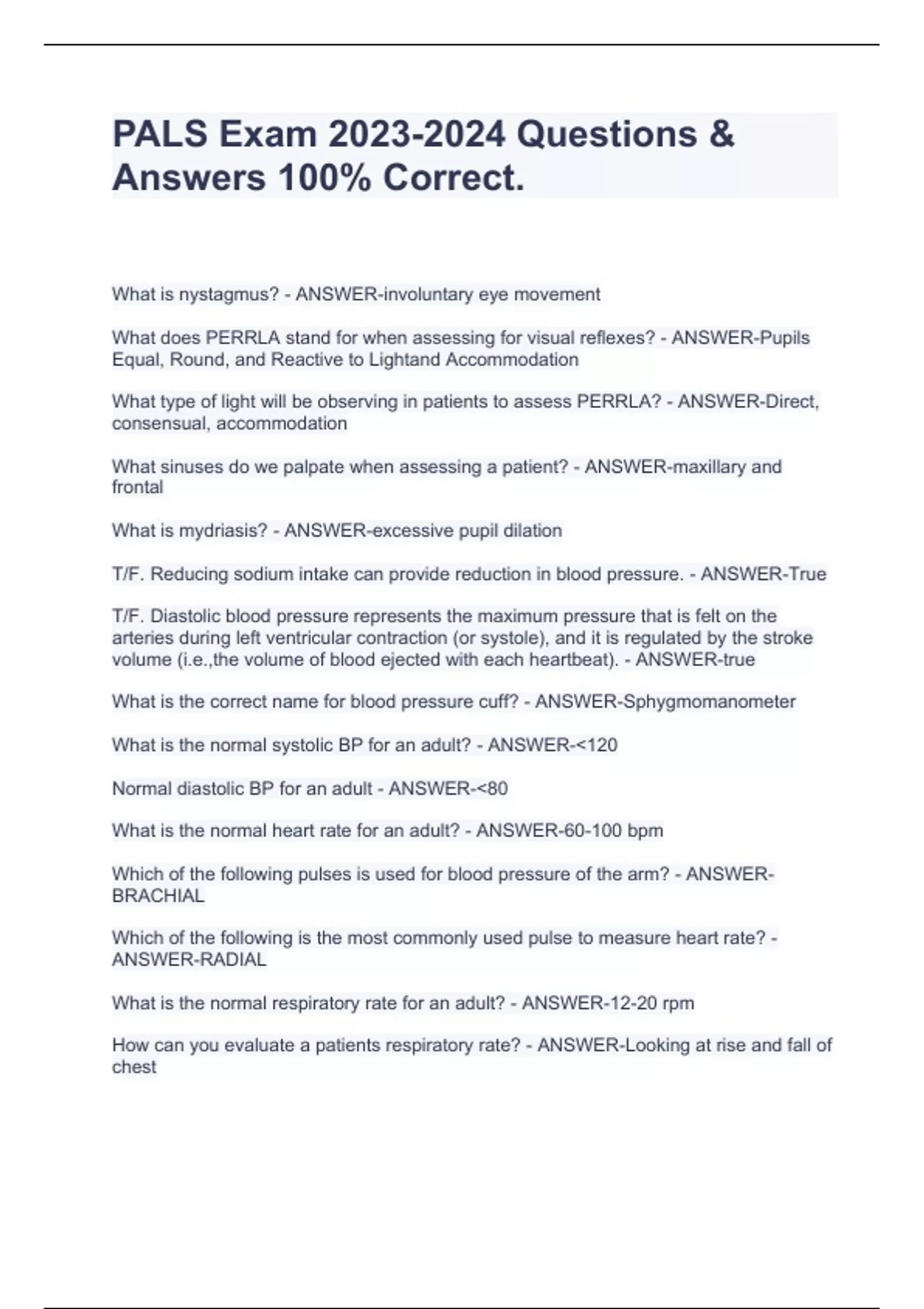 PALS Exam Questions & Answers 100% Correct - PALS - Stuvia US