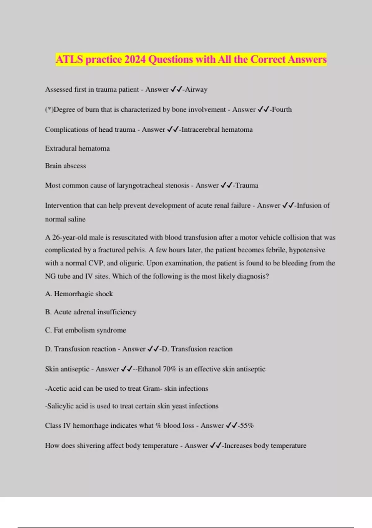 ATLS practice 2024 Questions with All the Correct Answers - ATLS ...