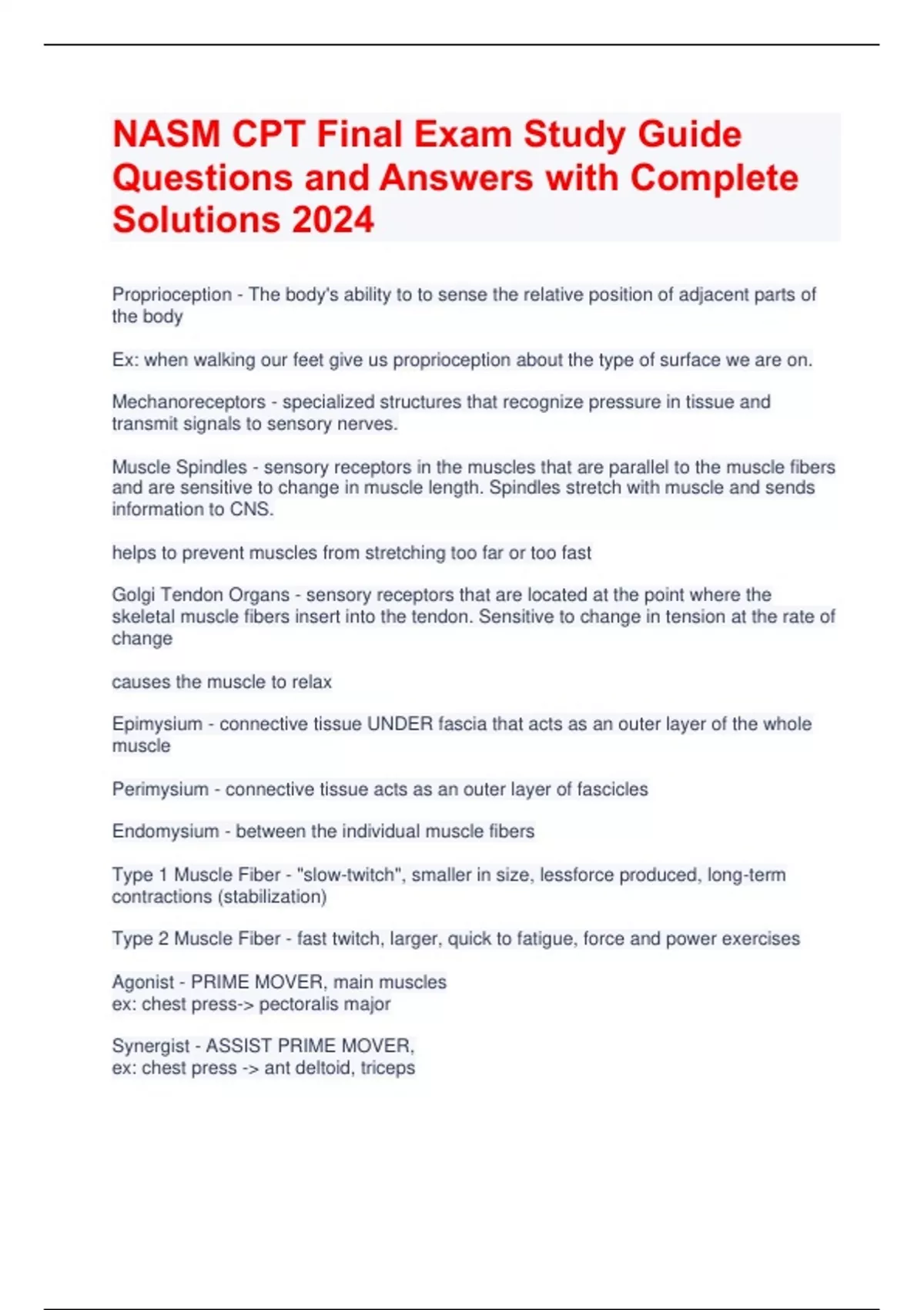 COMBINED NASM CPT Exam Study Questions and Answers Graded A 2024 - Stuvia US