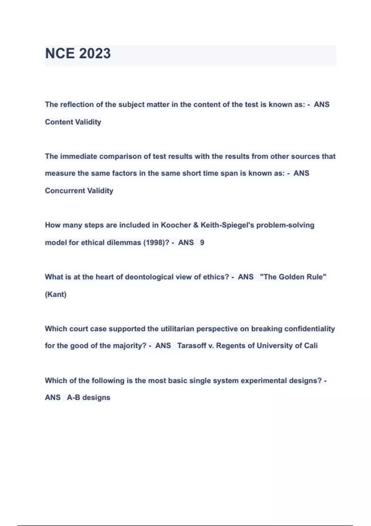 NCE 2023 UPDATED 2024 QUESTIONS & ANSWERS ( A+ GRADED 100% VERIFIED ...