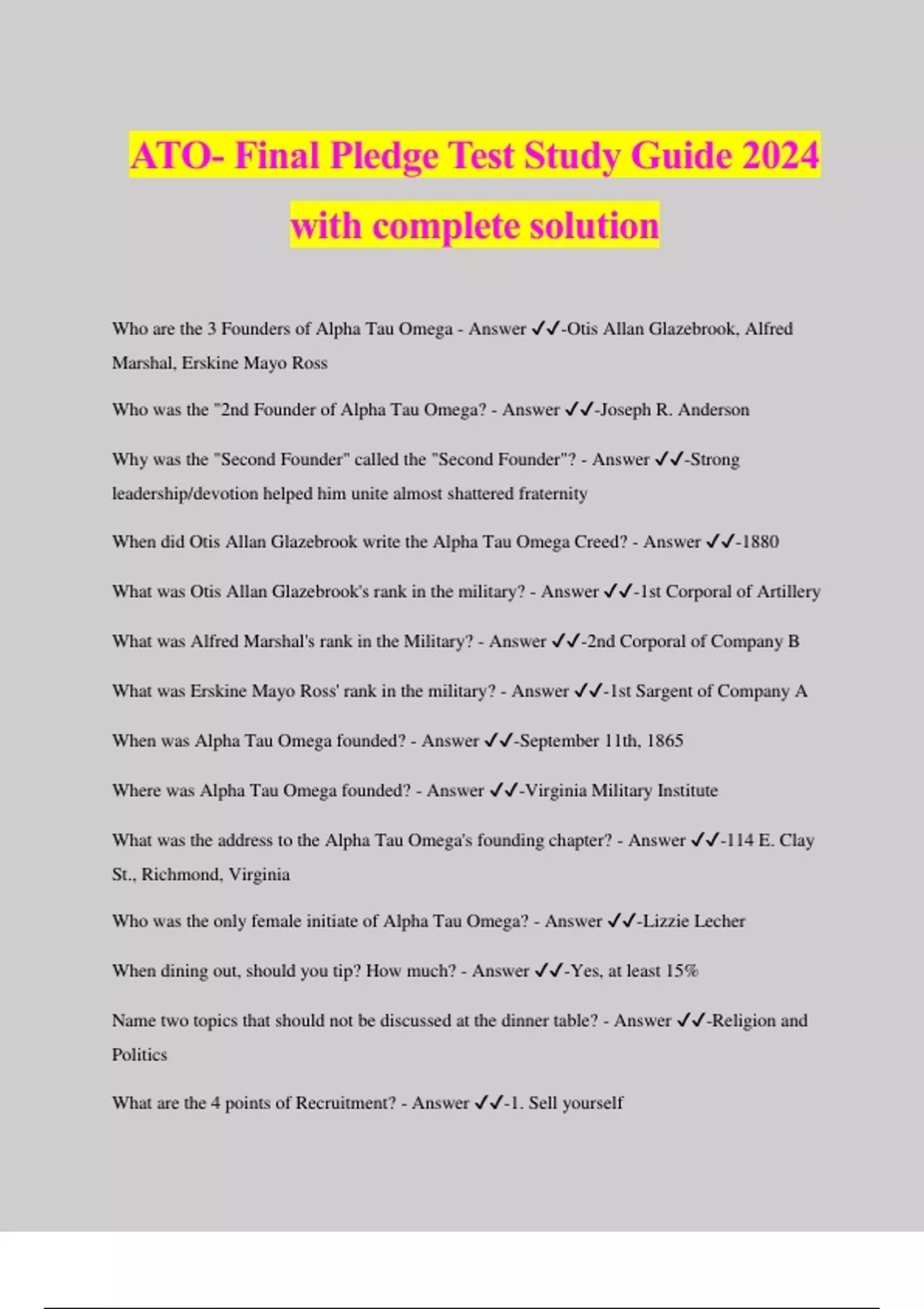 ATO- Final Pledge Test Study Guide 2024 with complete solution - ATO ...