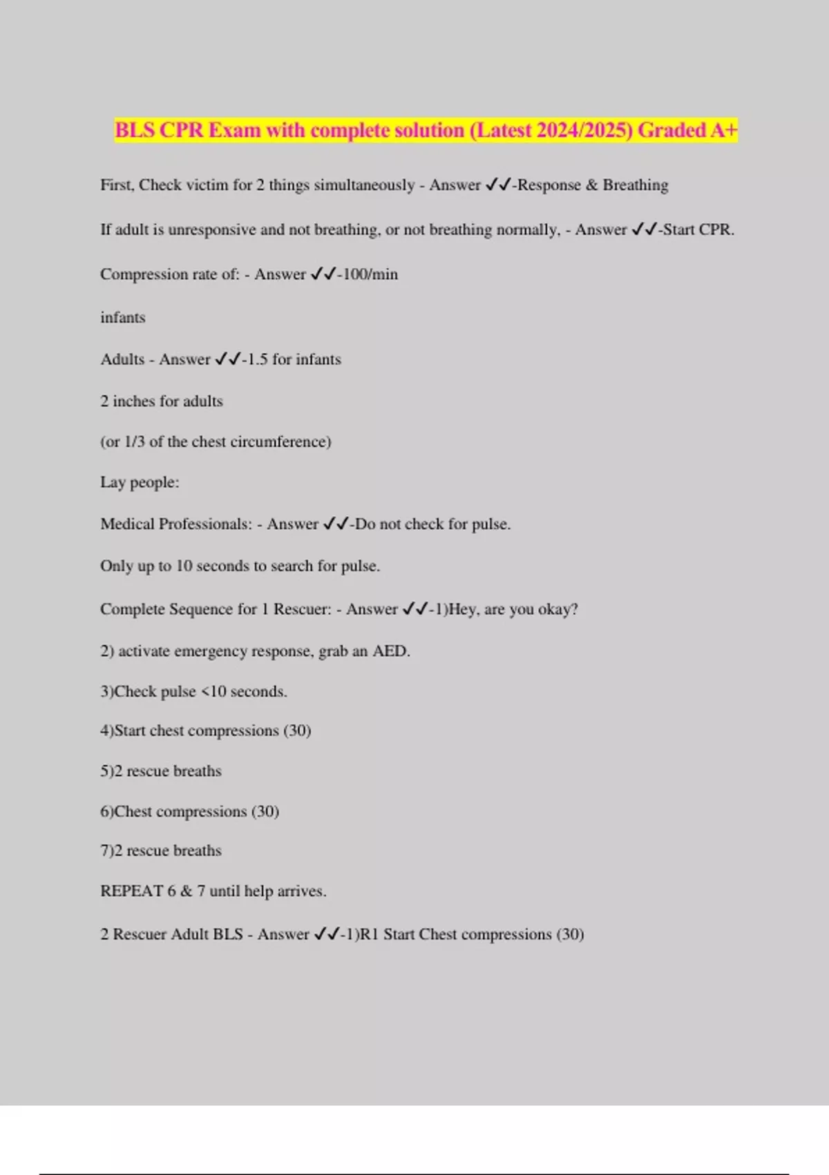 Basic Life Support Bundled Exams Questions and Answers | 100% Correctly ...