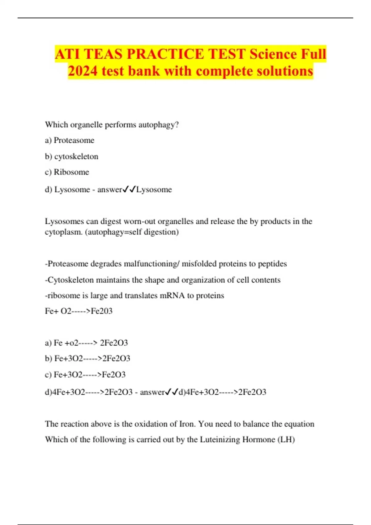 ATI TEAS PRACTICE TEST Science Full 2024 test bank with complete ...