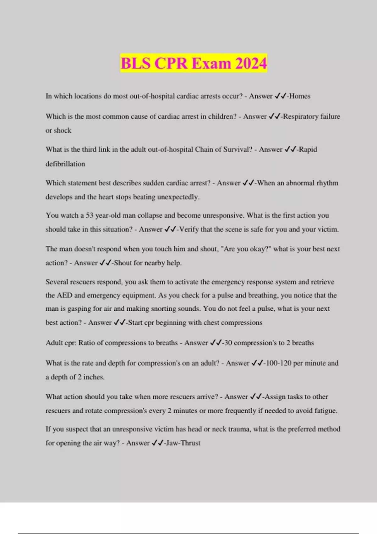 BLS CPR Exam 2024 - Basic Life Support - Stuvia US