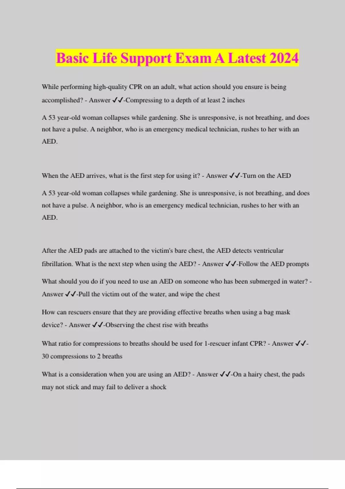 Basic Life Support Exam A Latest 2024 - Basic Life Support - Stuvia US