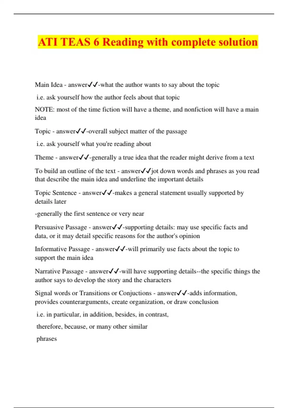 ATI TEAS 6 Reading with complete solution - ATI Teas - Stuvia US