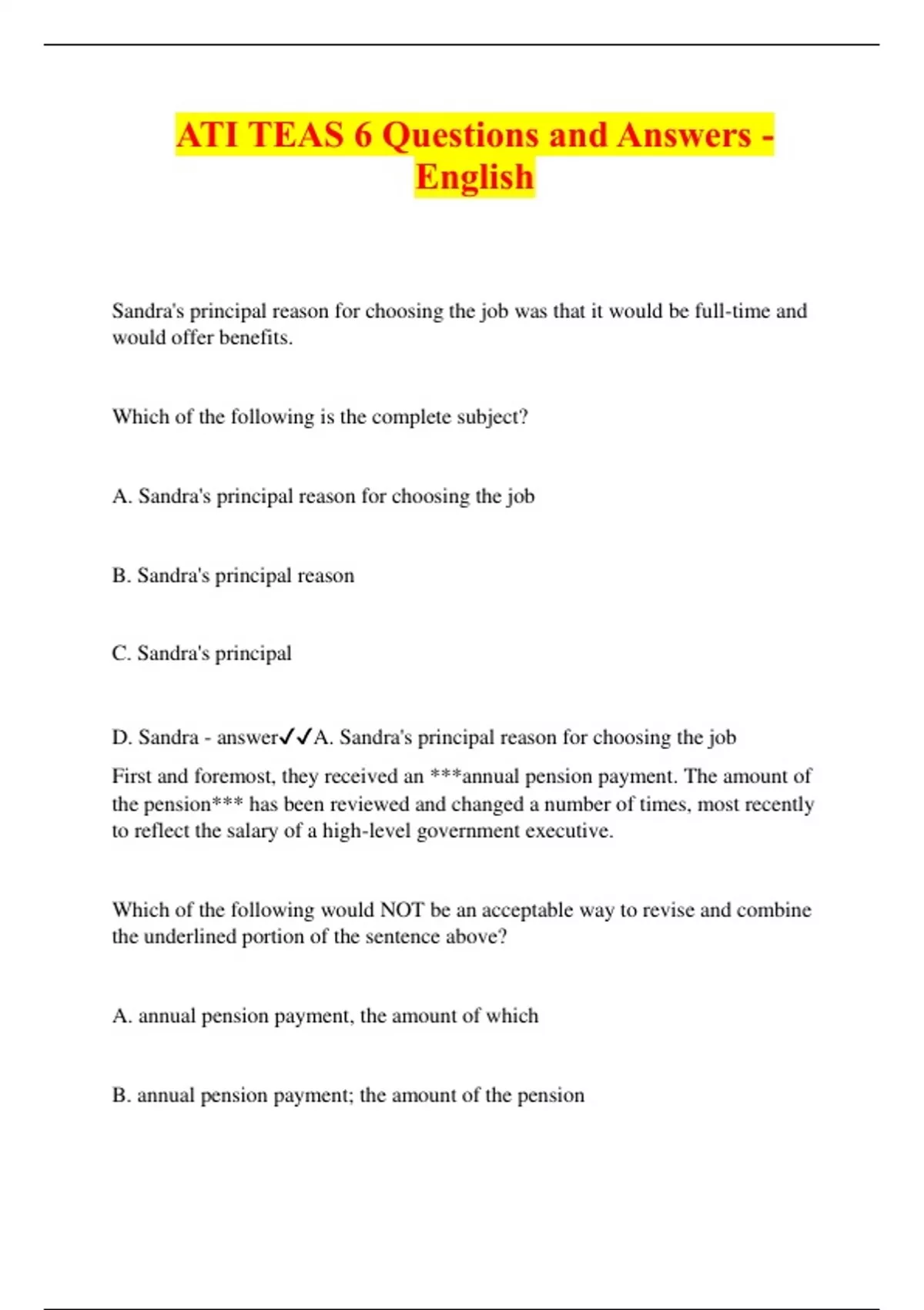 ATI TEAS 6 Questions and Answers - English - ATI Teas - Stuvia US