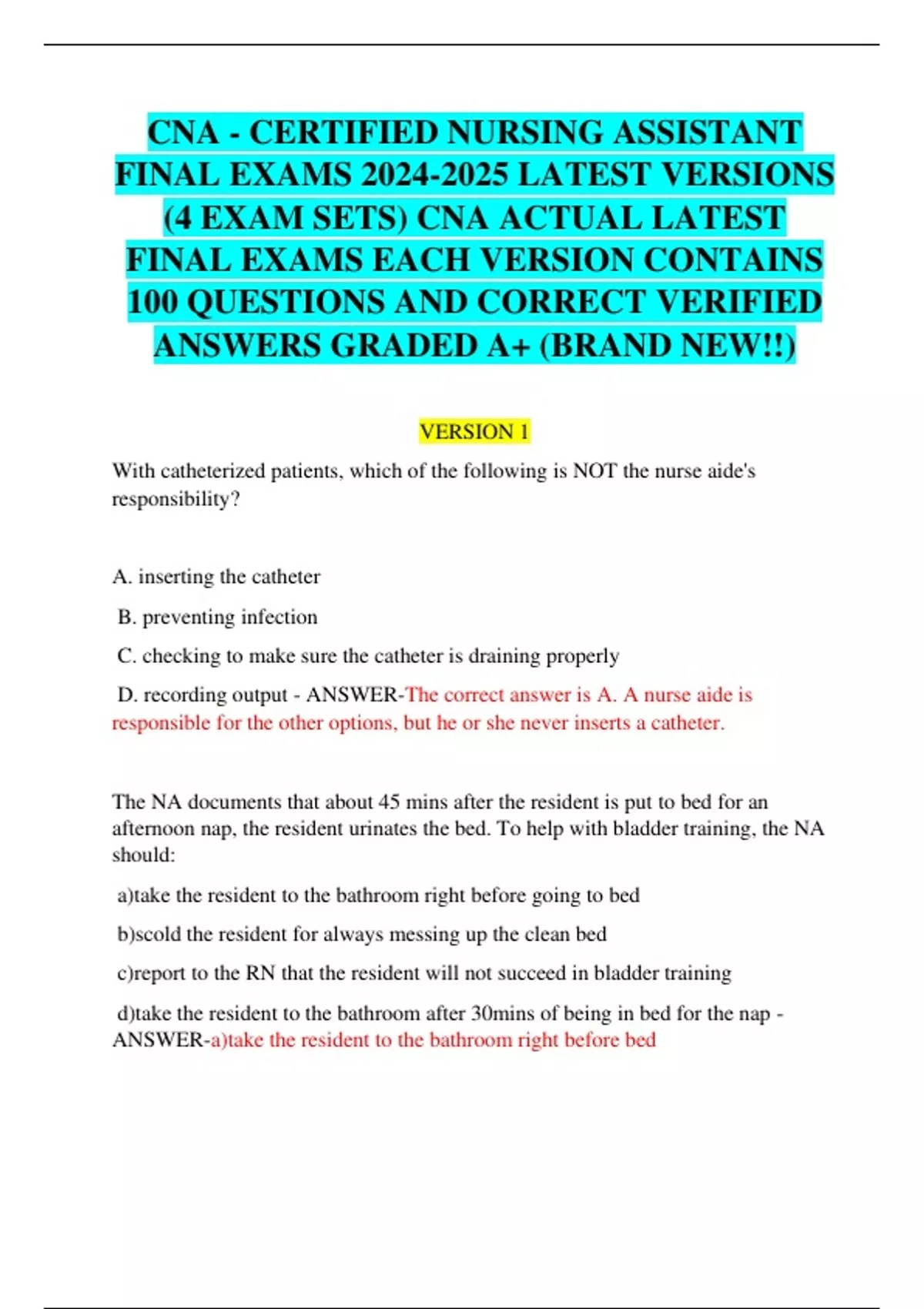 CNA - CERTIFIED NURSING ASSISTANT FINAL EXAMS LATEST VERSIONS (4 EXAM ...
