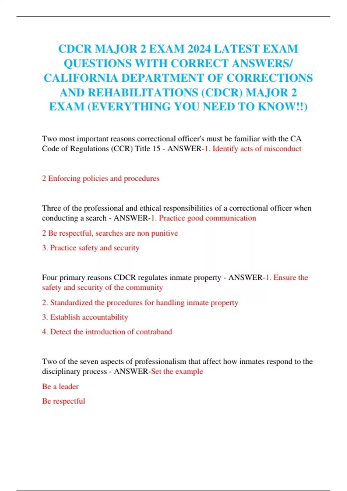 CDCR MAJOR 2 EXAM 2024 LATEST EXAM QUESTIONS WITH CORRECT ANSWERS ...