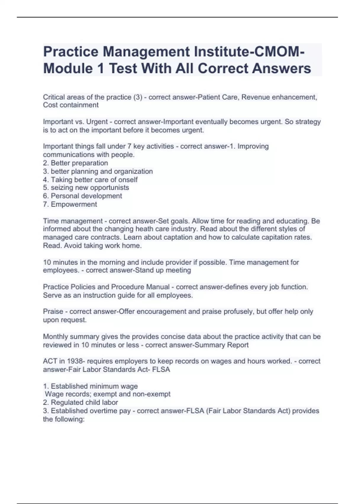 Practice Management Institute-CMOM- Module 1 Test With All Correct ...