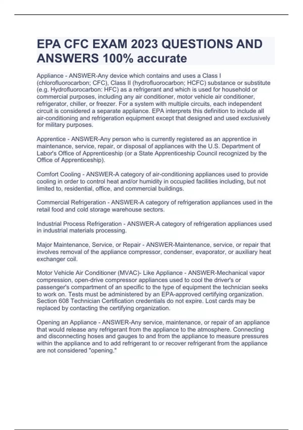 EPA CFC EXAM BUNDLE (COMPLETE PACKAGE) 2024 QUESTIONS AND ANSWERS 100% ...