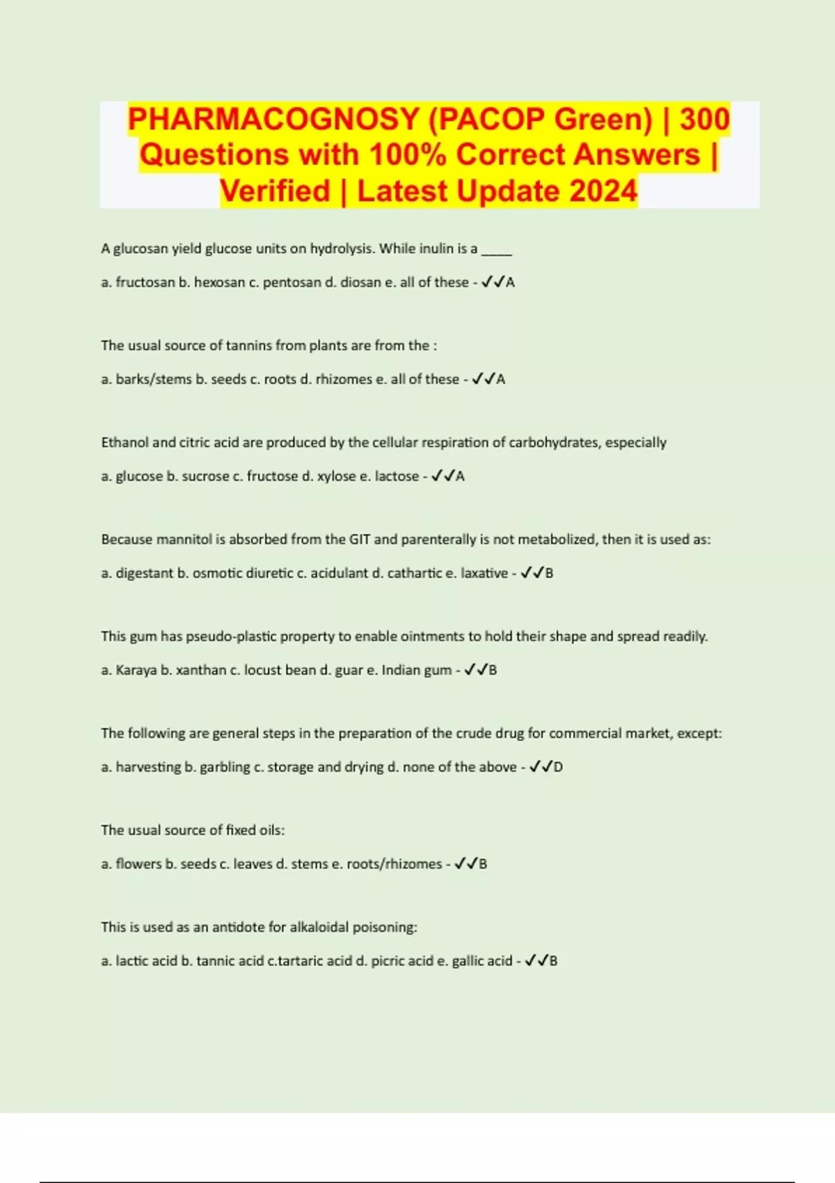 PHARMACOGNOSY (PACOP Green) | 300 Questions with 100% Correct Answers ...