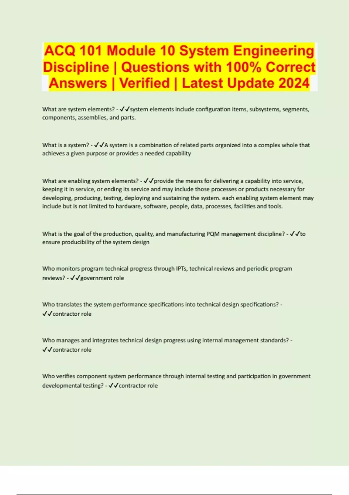 ACQ 101 Module 10 System Engineering Discipline | Questions with 100% Correct Answers | Verified ...