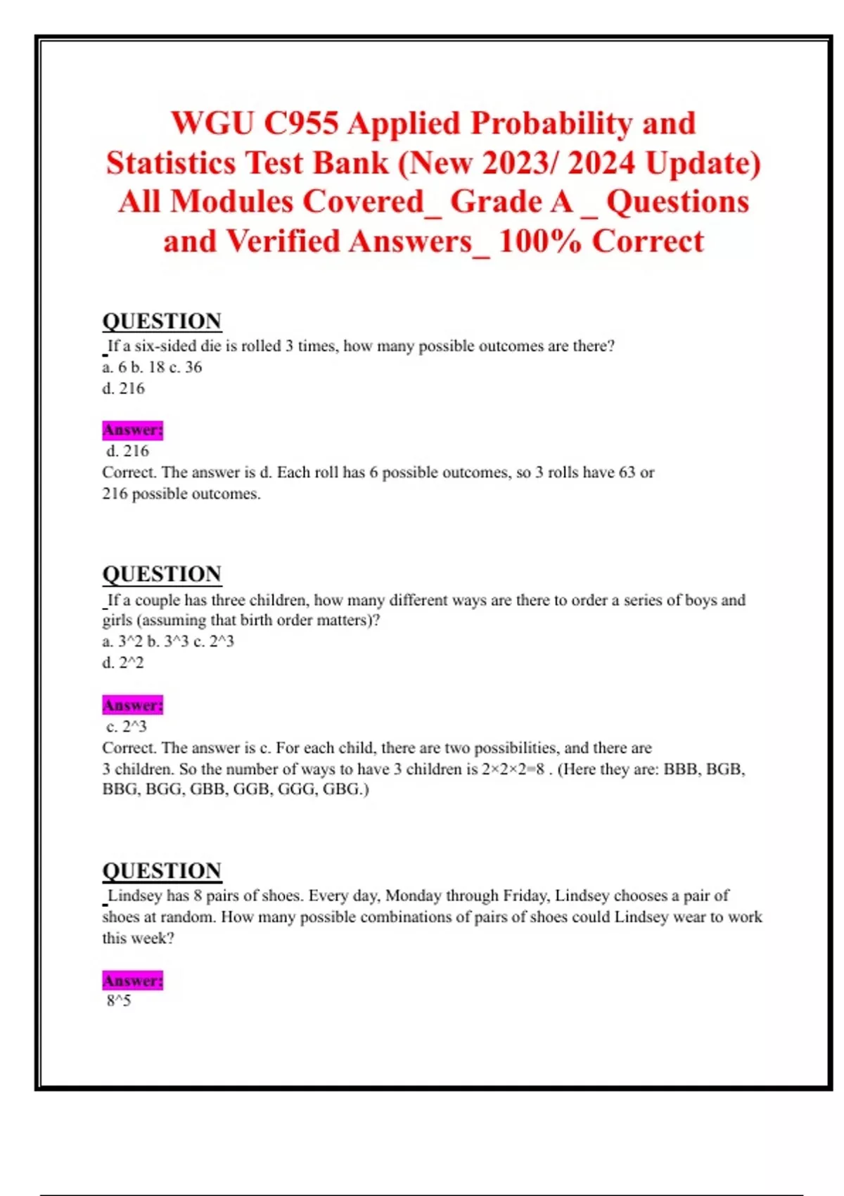 WGU C955 Applied Probability and Statistics Test Bank (New 2023/ 2024 ...
