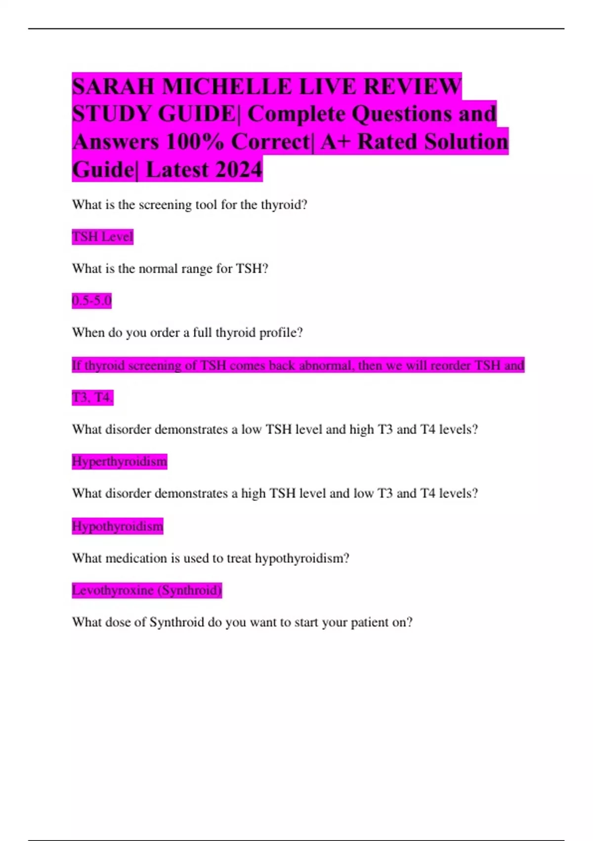 SARAH MICHELLE LIVE REVIEW STUDY GUIDE| Complete Questions and Answers ...