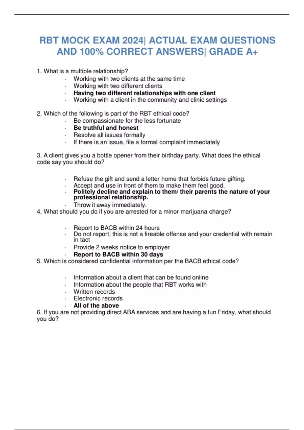 RBT MOCK EXAM 2024| ACTUAL EXAM QUESTIONS AND 100% CORRECT ANSWERS ...