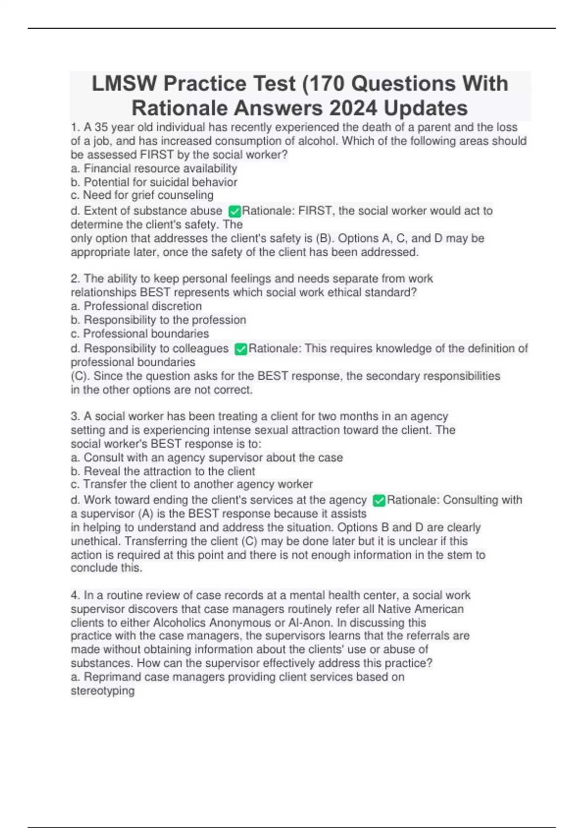 Lmsw Practice Test 170 Questions With Rationale Answers 2024 Updates Lmsw Stuvia Us