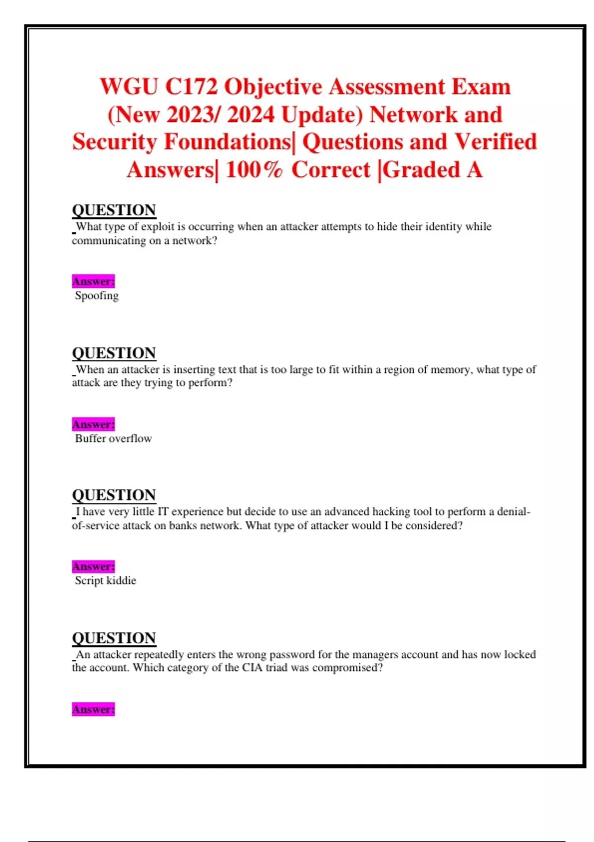 WGU C172 Objective Assessment Exam (New 2023/ 2024 Update) Network and Security Foundations ...