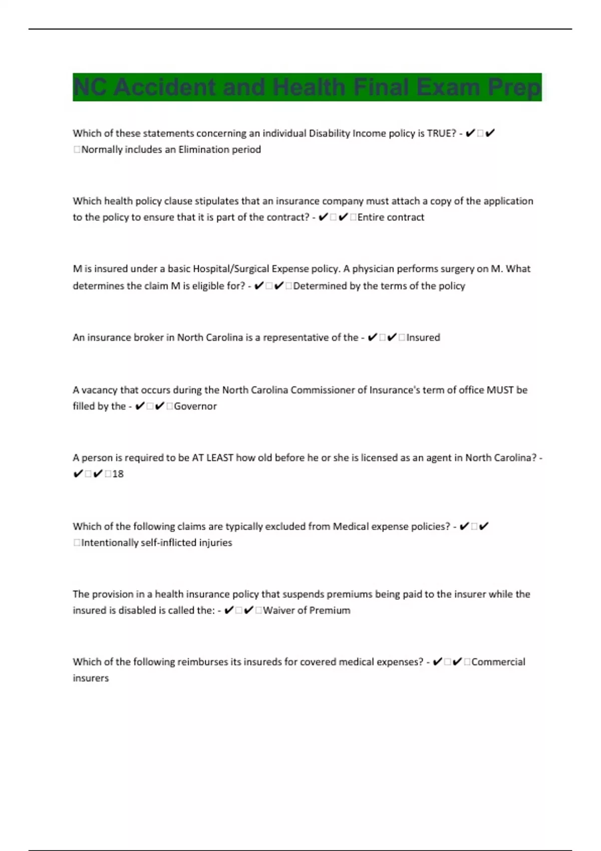 NC Accident and Health 125 Final Exam Prep Questions with 100% Correct ...