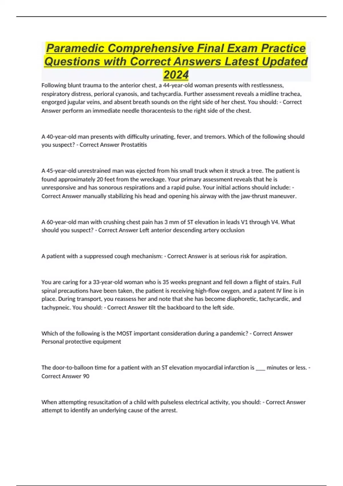 Paramedic Comprehensive Final Exam Practice Questions with Correct ...