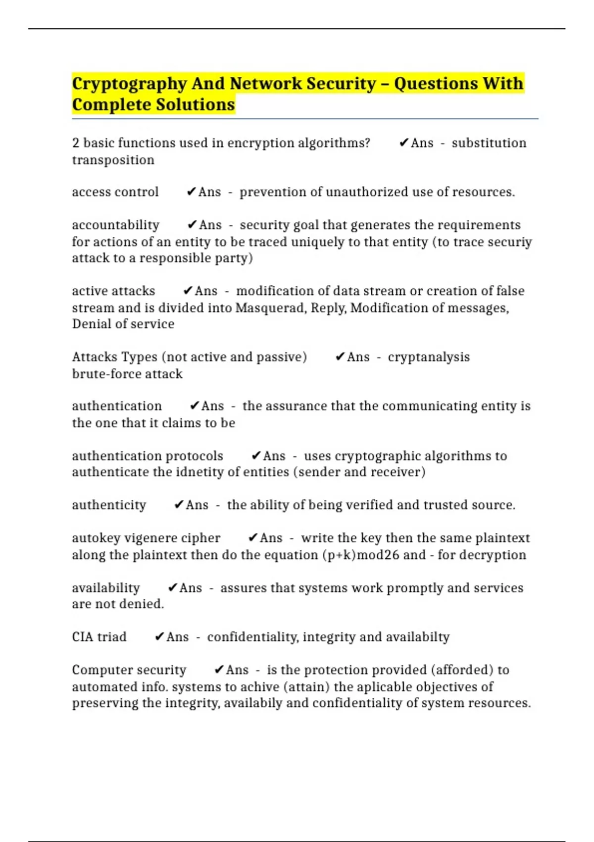 Cryptography And Network Security – Questions With Complete Solutions - CRYPTOGRAPHY AND NETWORK ...