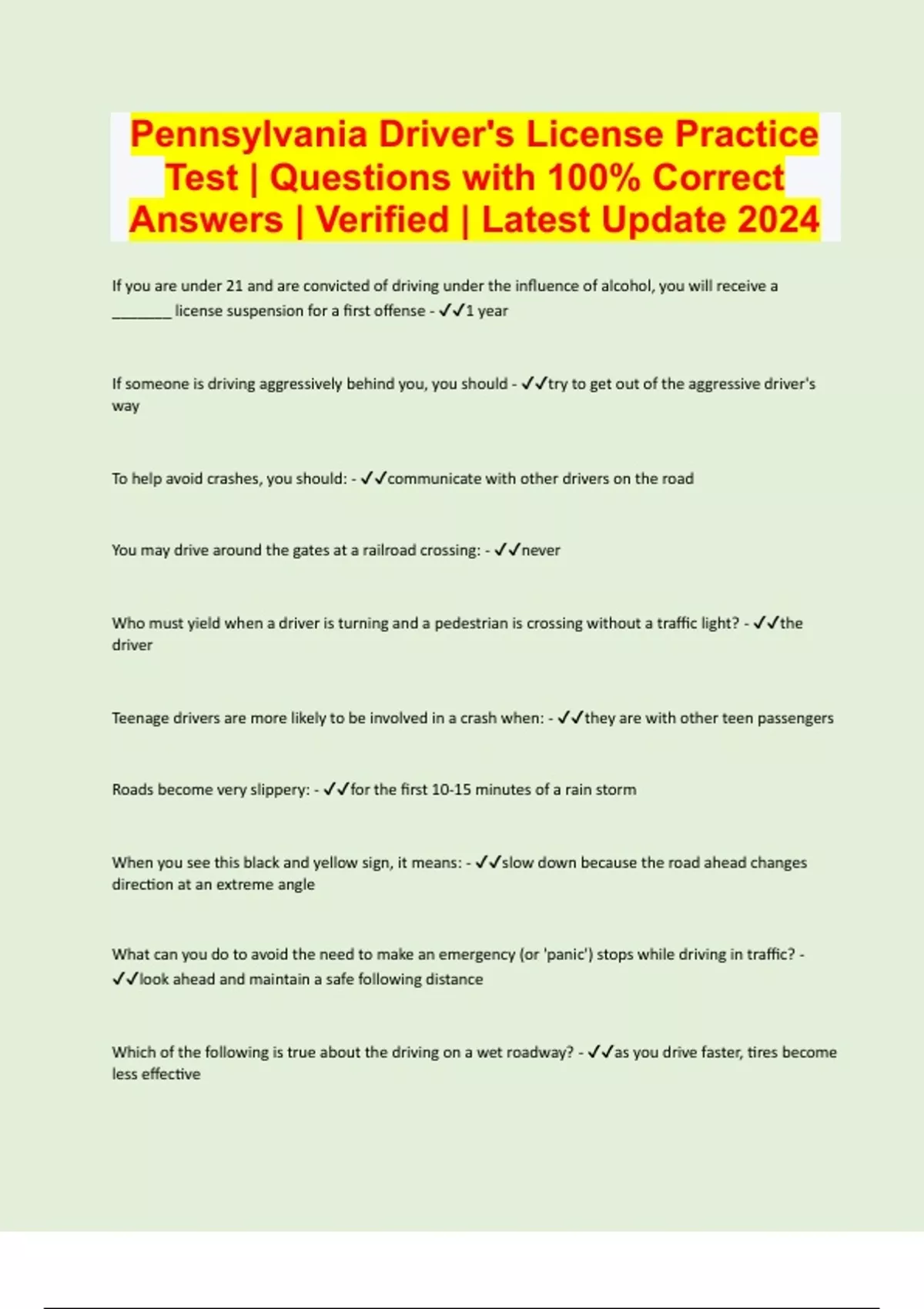 Pennsylvania Driver's License Practice Test | Questions with 100% ...