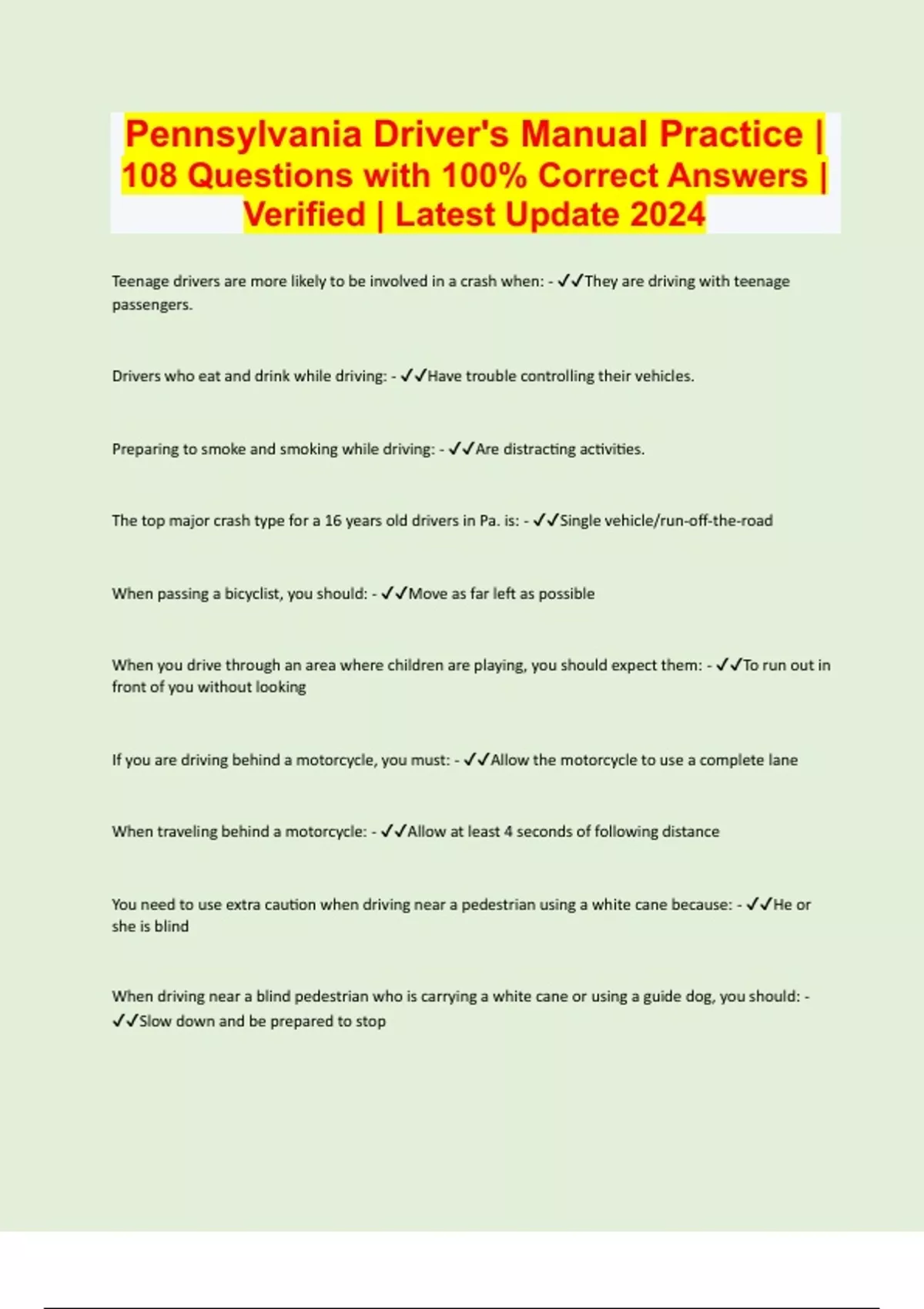 Pennsylvania Driver's Manual Practice | 108 Questions with 100% Correct ...