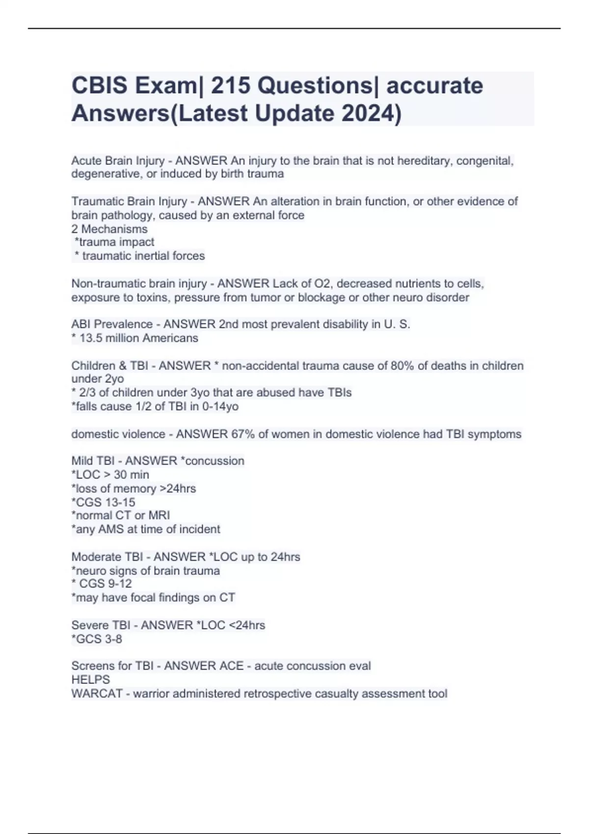 CBIS Exam| 215 Questions| accurate Answers(Latest Update 2024) - CBIS ...