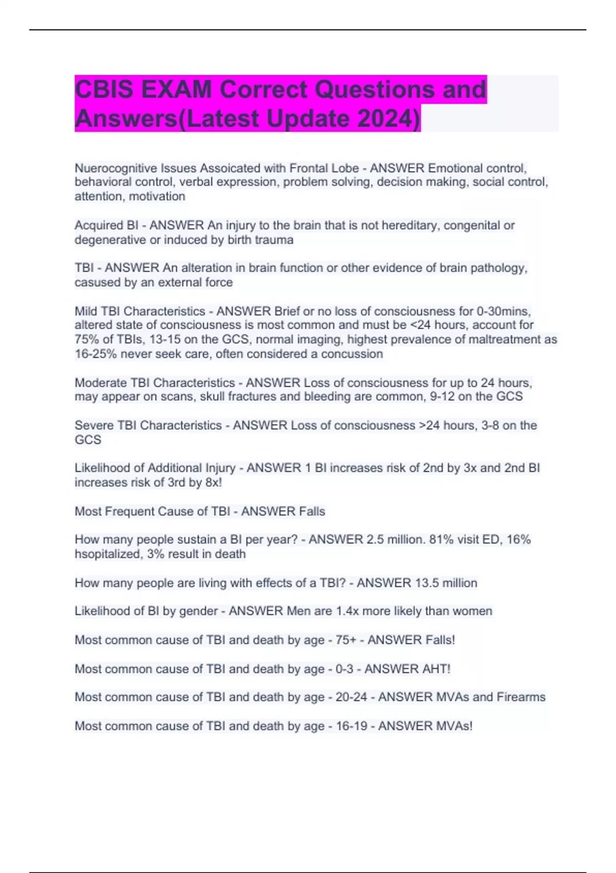 CBIS EXAM Correct Questions and Answers(Latest Update 2024) - CBIS ...