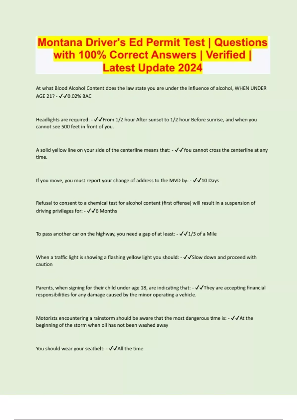 Montana Driver's Ed Permit Test | Questions with 100% Correct Answers ...