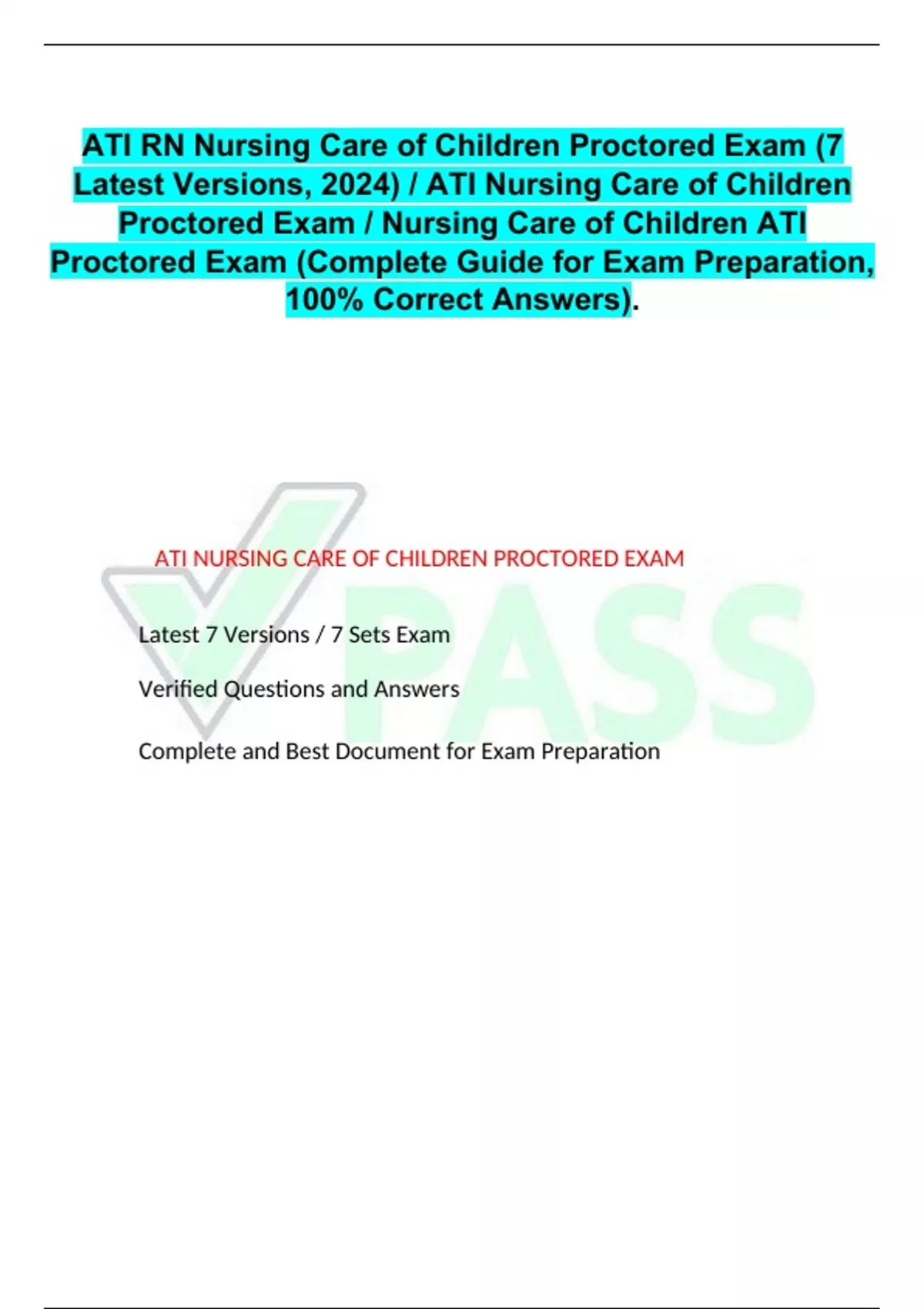 ATI RN Nursing Care of Children Proctored Exam (7 Latest Versions, 2024 ...