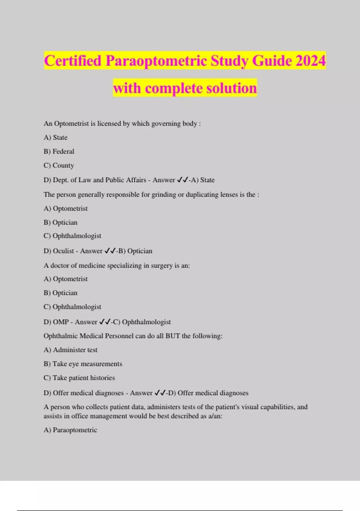 Certified Paraoptometric Study Guide 2024 with complete solution ...