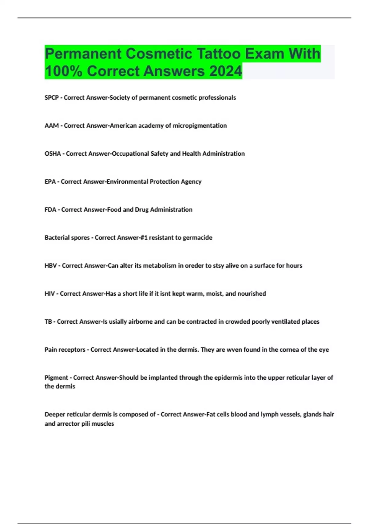 Permanent Cosmetic Tattoo Exam With 100% Correct Answers 2024 ...