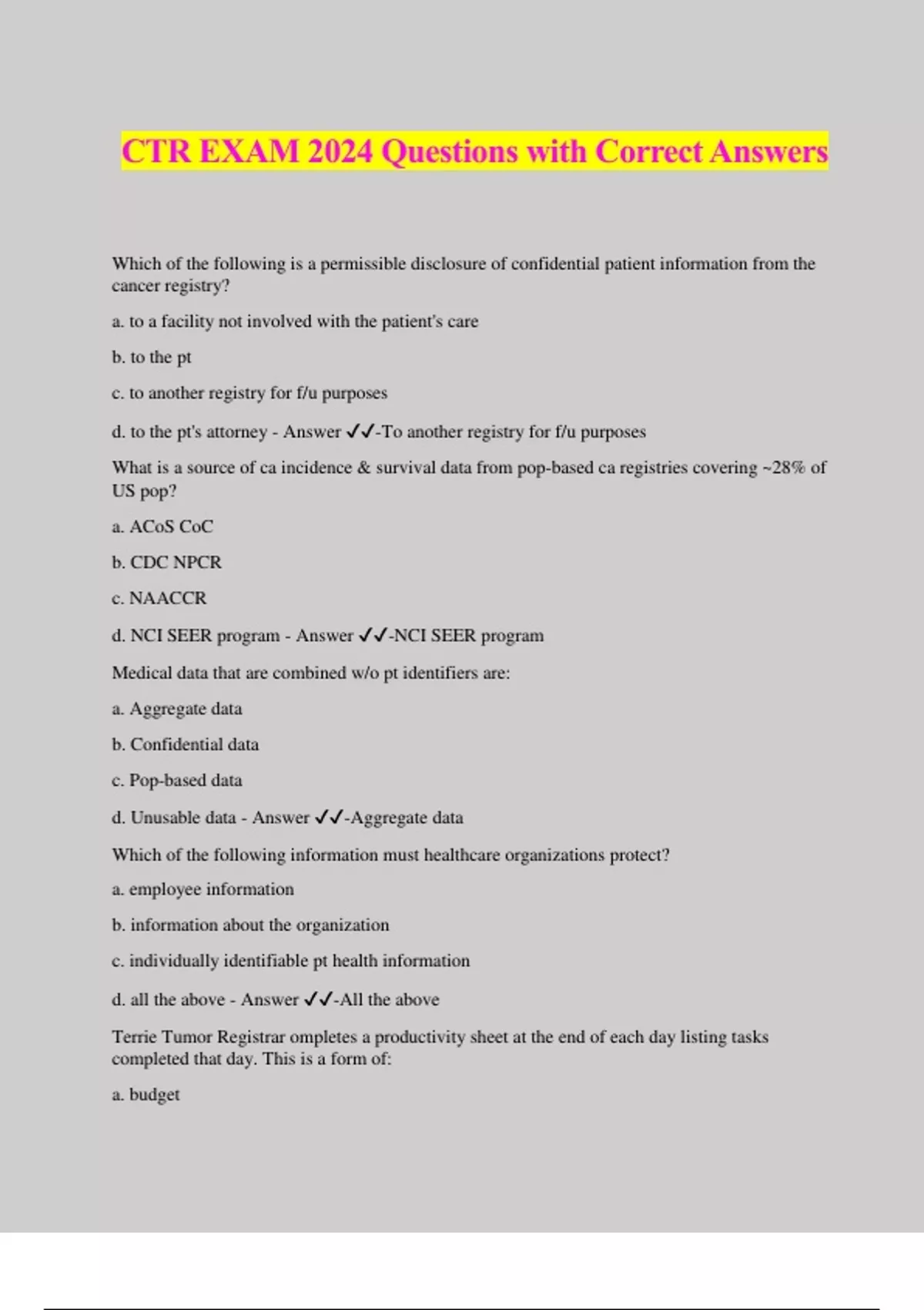 CTR EXAM 2024 Questions with Correct Answers - CTR - Stuvia US