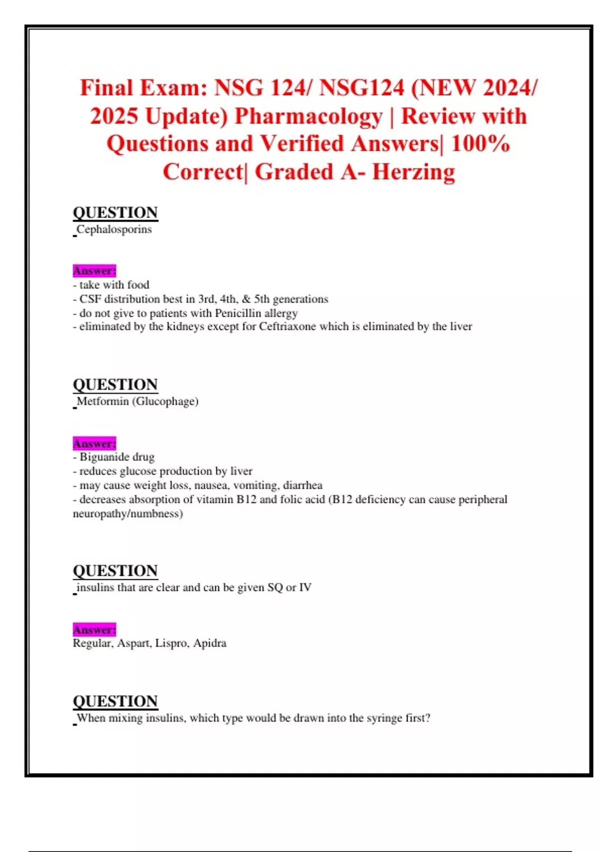 Final Exam: NSG 124/ NSG124 (NEW 2024/ 2025 Update) Pharmacology ...