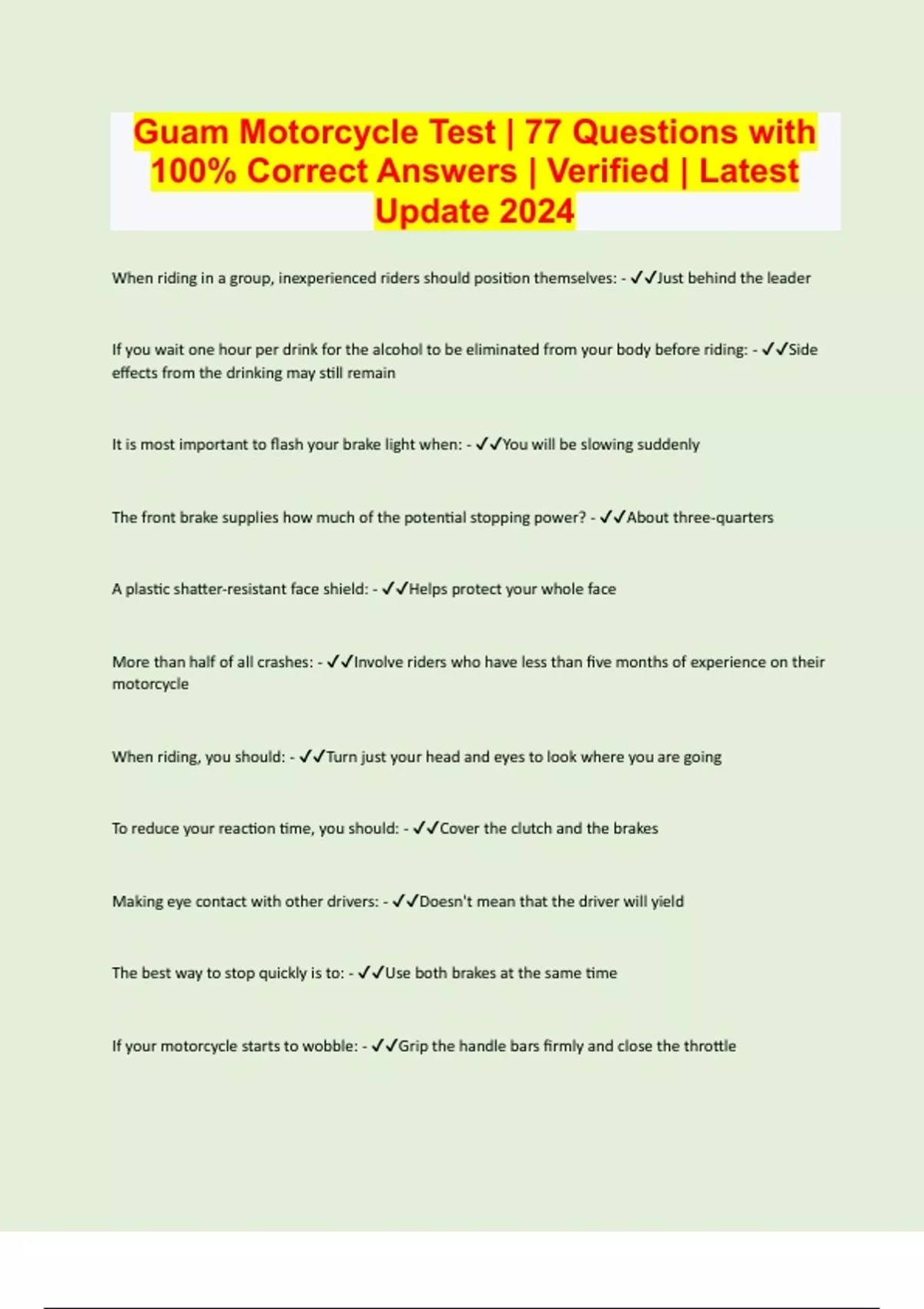 Guam Motorcycle Test | 77 Questions with 100% Correct Answers ...