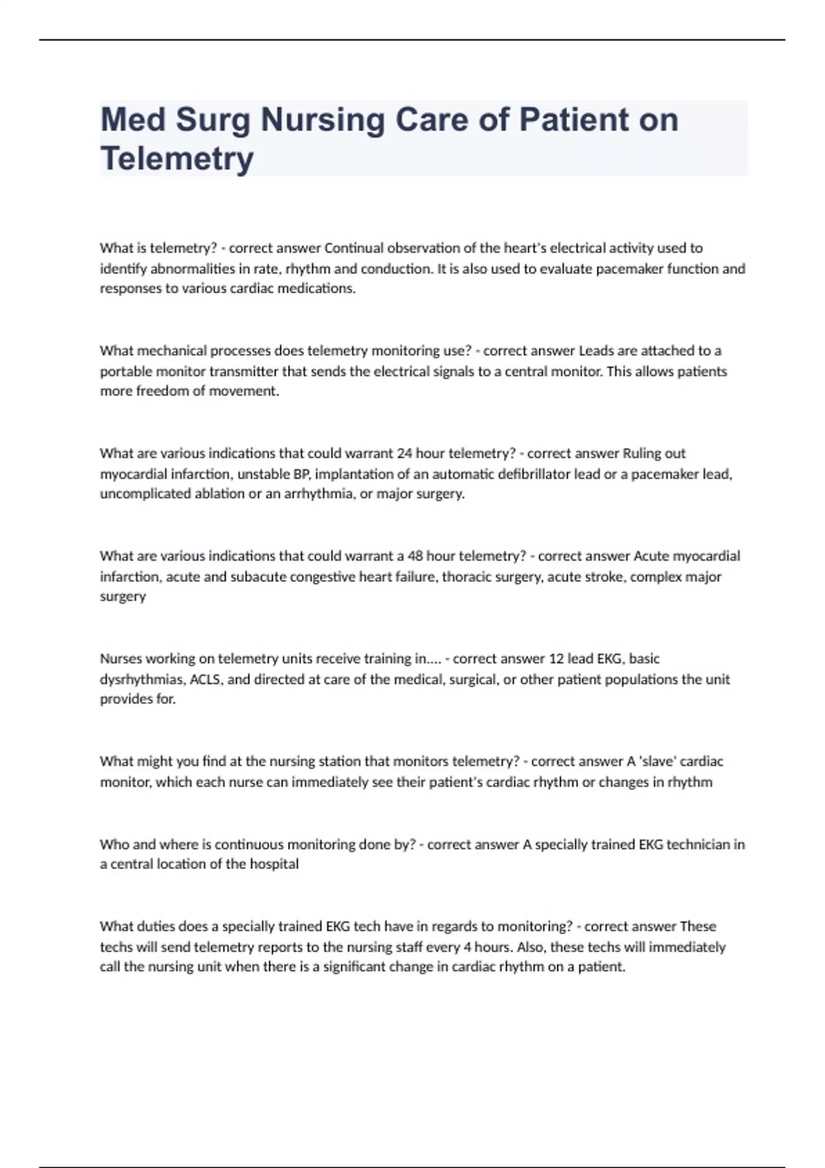 Med Surg Nursing Care of Patient on Telemetry Questions with complete ...