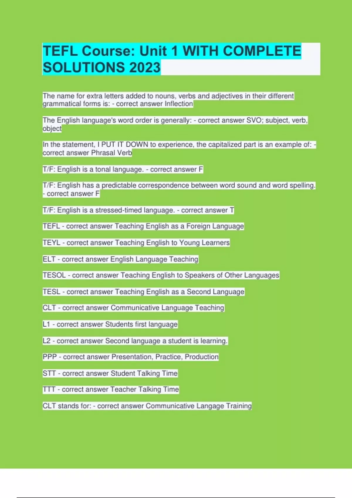 TEFL Course: Unit 1 WITH COMPLETE SOLUTIONS 2023 - TEFL Course: Unit 1 - Stuvia US