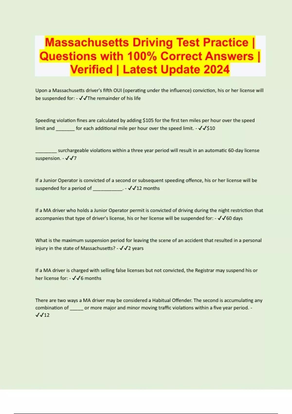 Massachusetts Driving Test Practice | Questions with 100% Correct ...