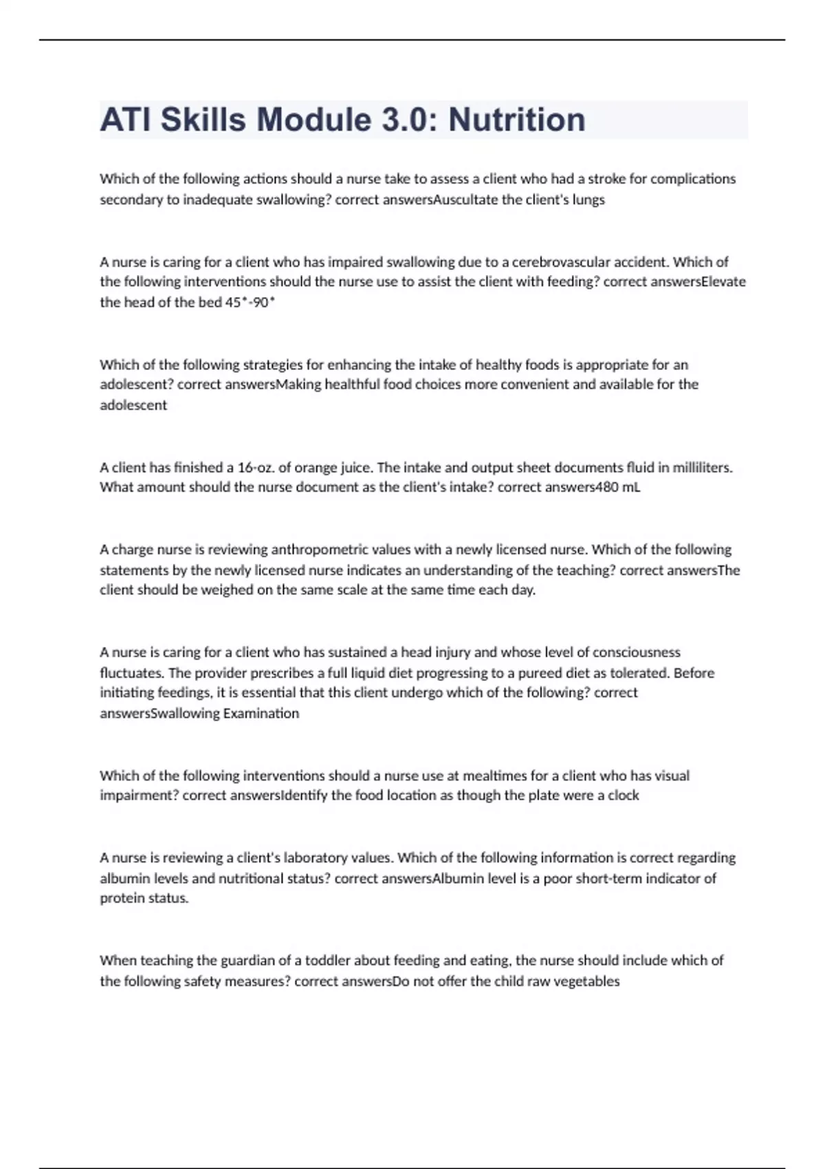 ATI Skills Module 3.0: Nutrition exam 2024 with verified solutions ...